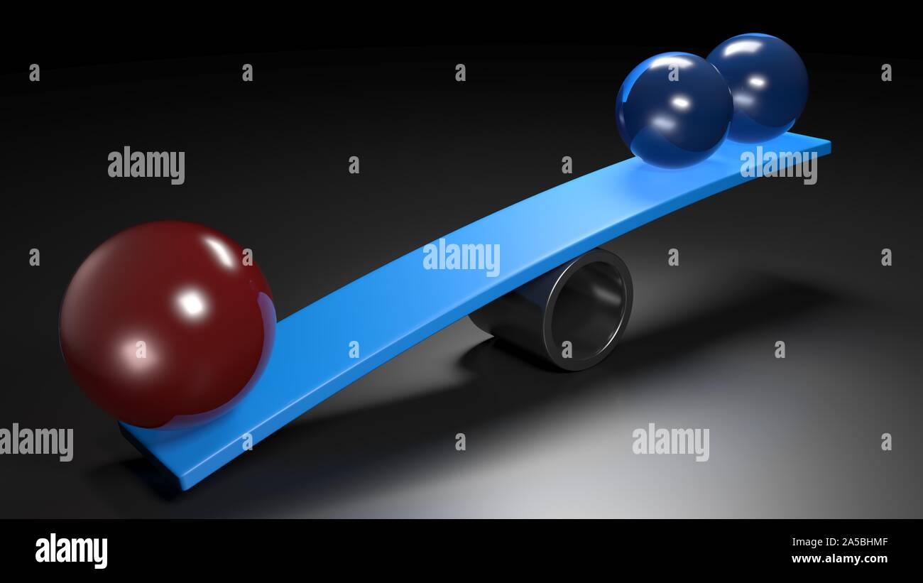 Balancing concept image with red and blue spheres - 3D rendering ...