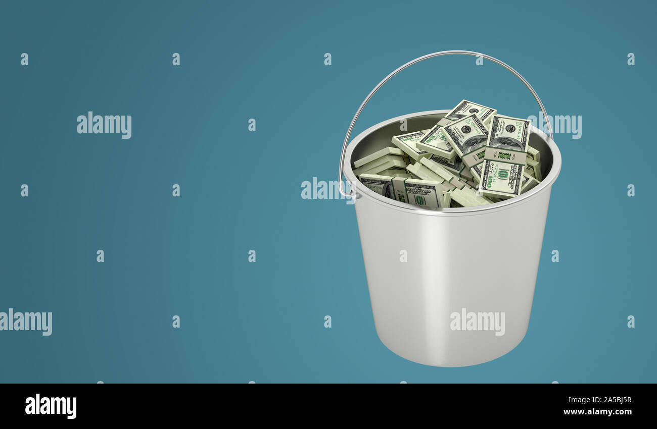 Bucket full with 100 Dollar bills - 3D rendering Stock Photo - Alamy