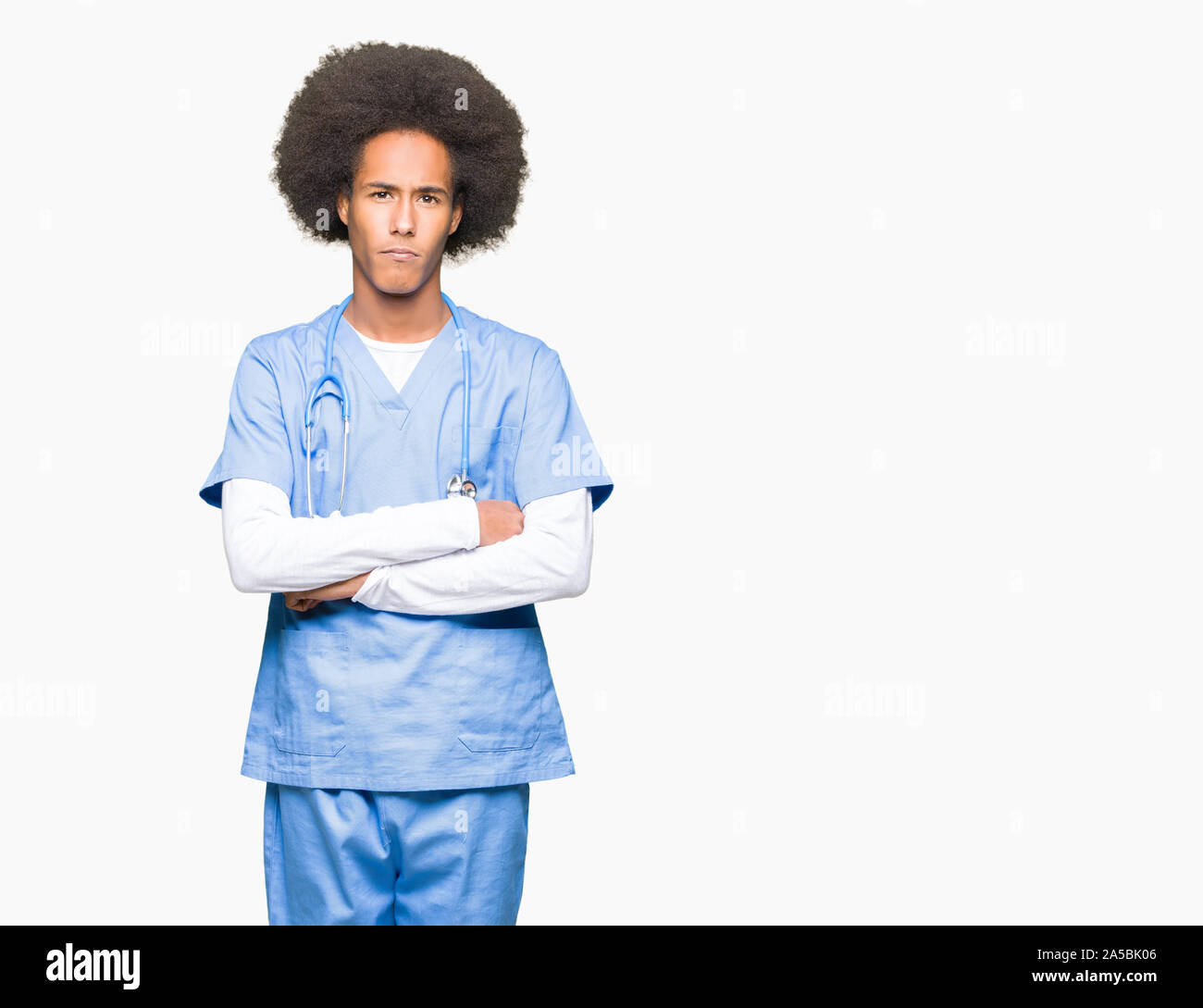 Young african american doctor man with afro hair skeptic and nervous ...