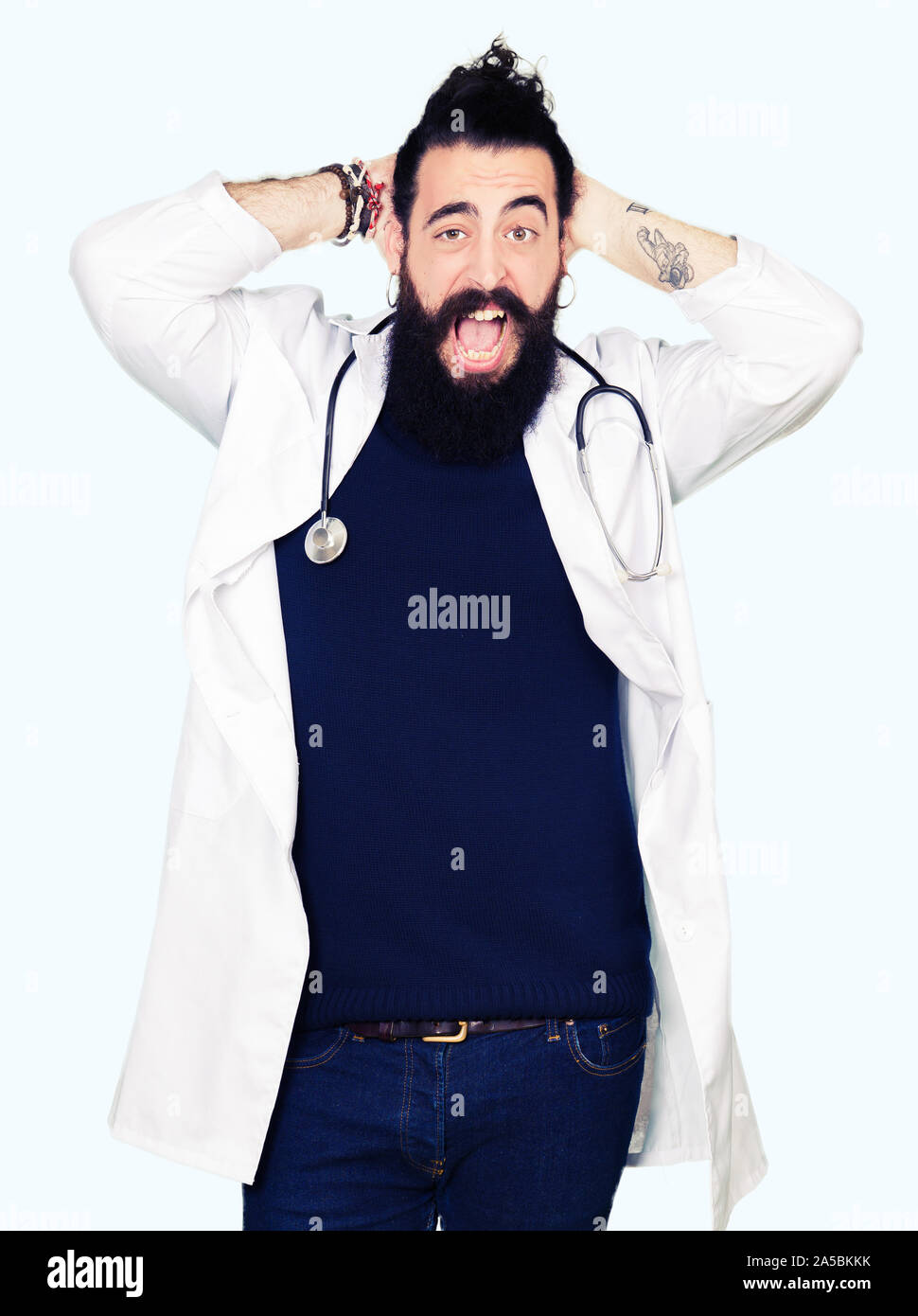 Doctor with long hair wearing medical coat and stethoscope Crazy and ...