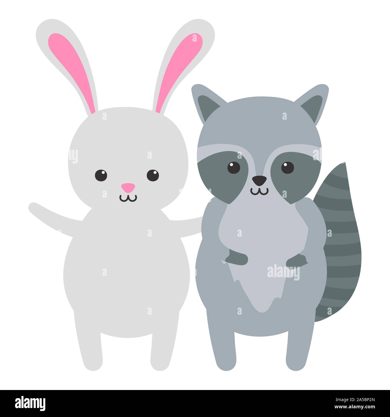 cute rabbit and raccoon waving hand on white background vector ...