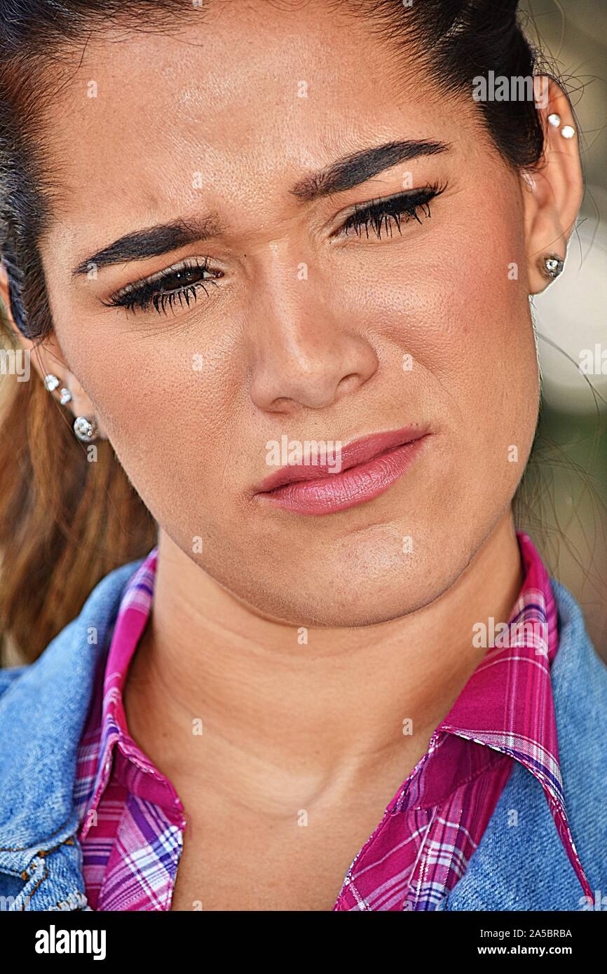 Adult Female And Confusion Wearing Jeans Jacket Stock Photo - Alamy