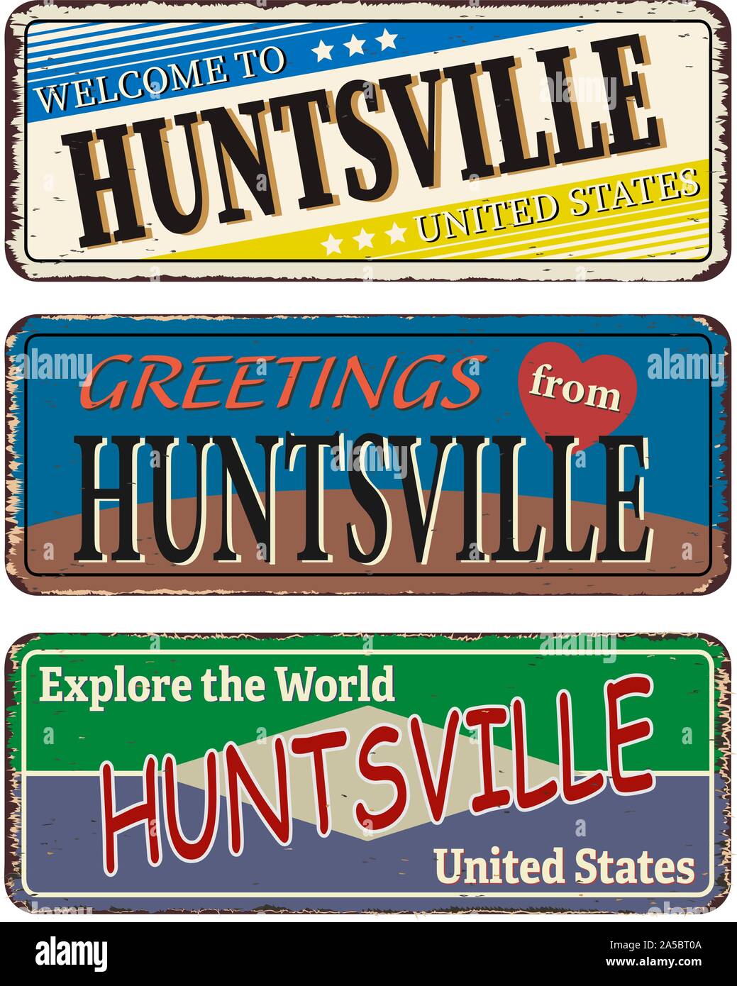 Vintage tin sign collection with US. Huntsville City. Retro souvenirs ...