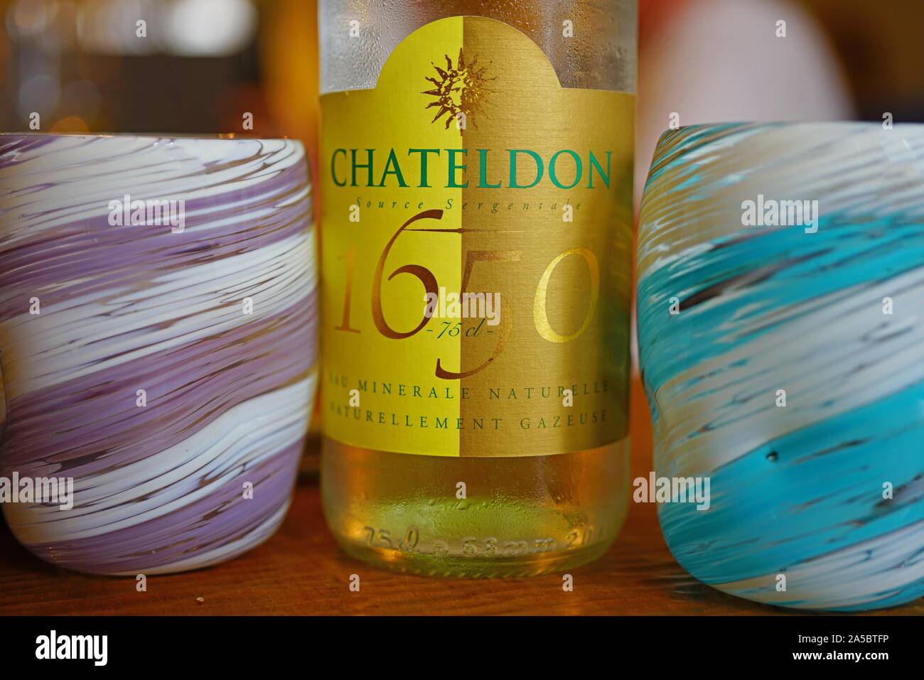 ANNECY, FRANCE -24 JUN 2019- View of a bottle of Chateldon, a French ...