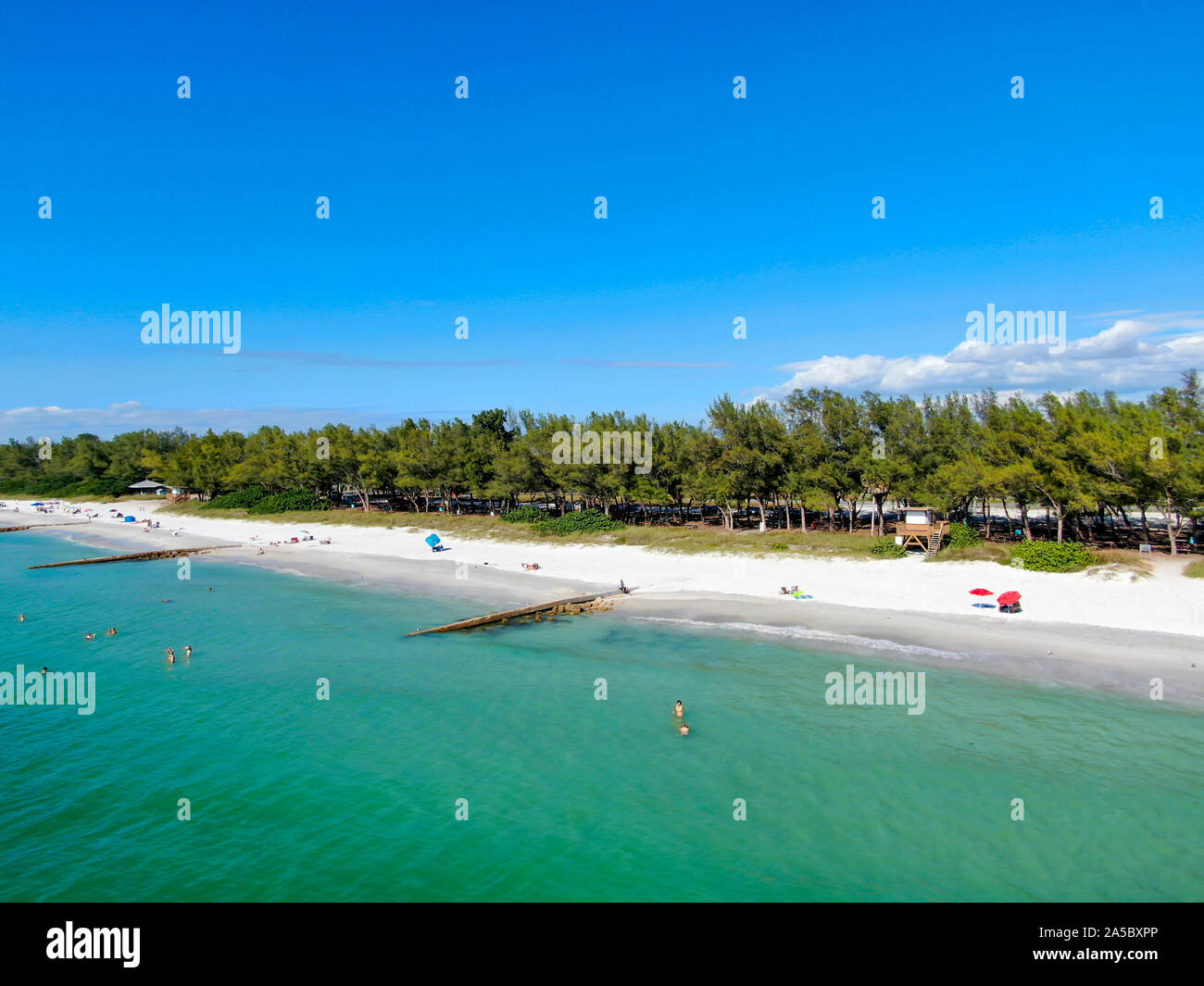 Aerial view of Coquina Beach white sand beach and turquoise water in ...