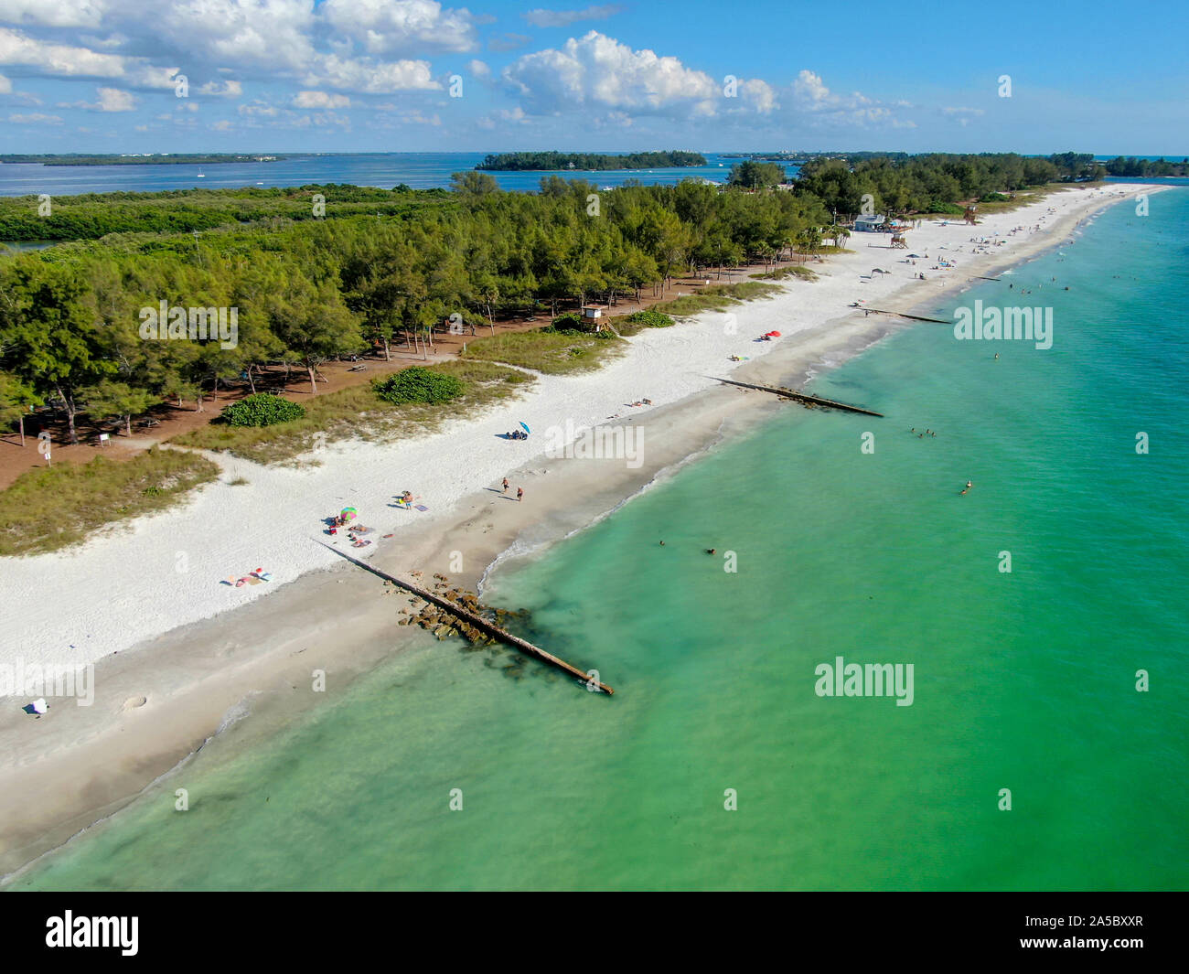 Aerial view of Coquina Beach white sand beach and turquoise water in ...