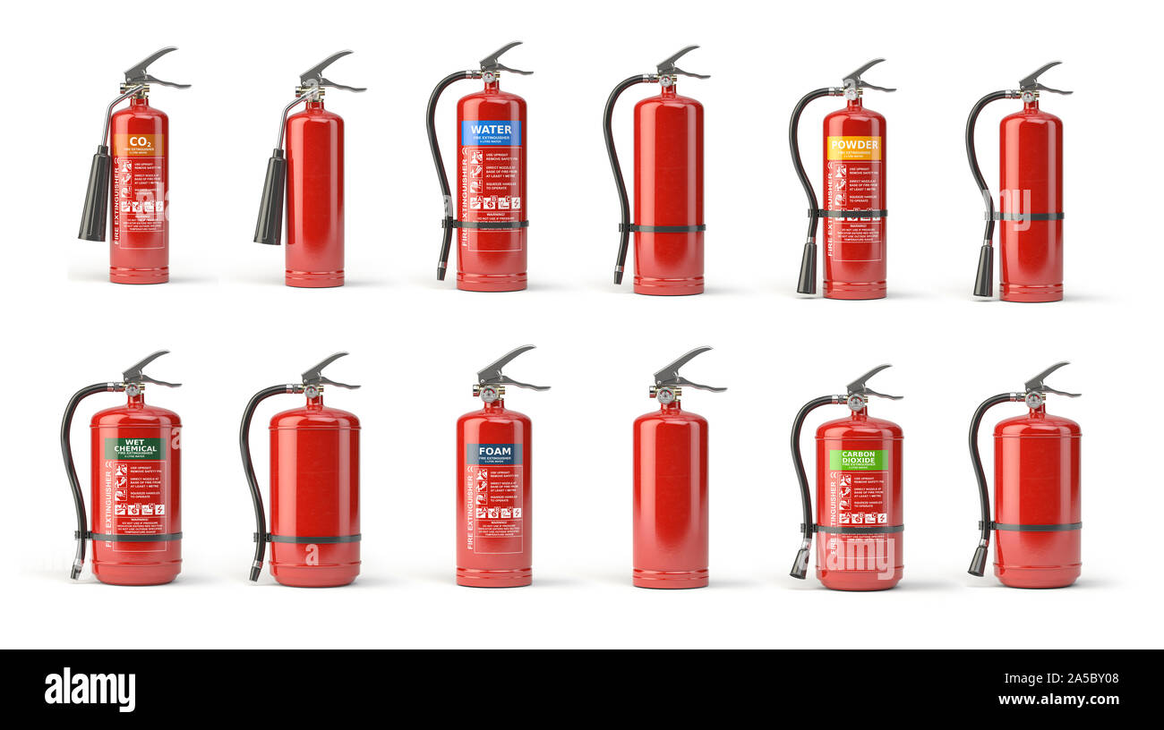 Fire extinguisher set of different types isolated on white. 3d ...