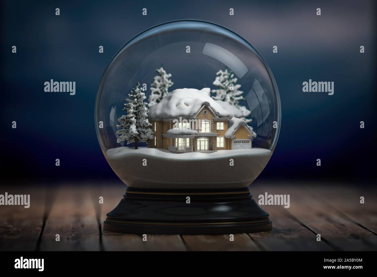 Glass snow globe and a house with lights in windows in the night. 3d ...