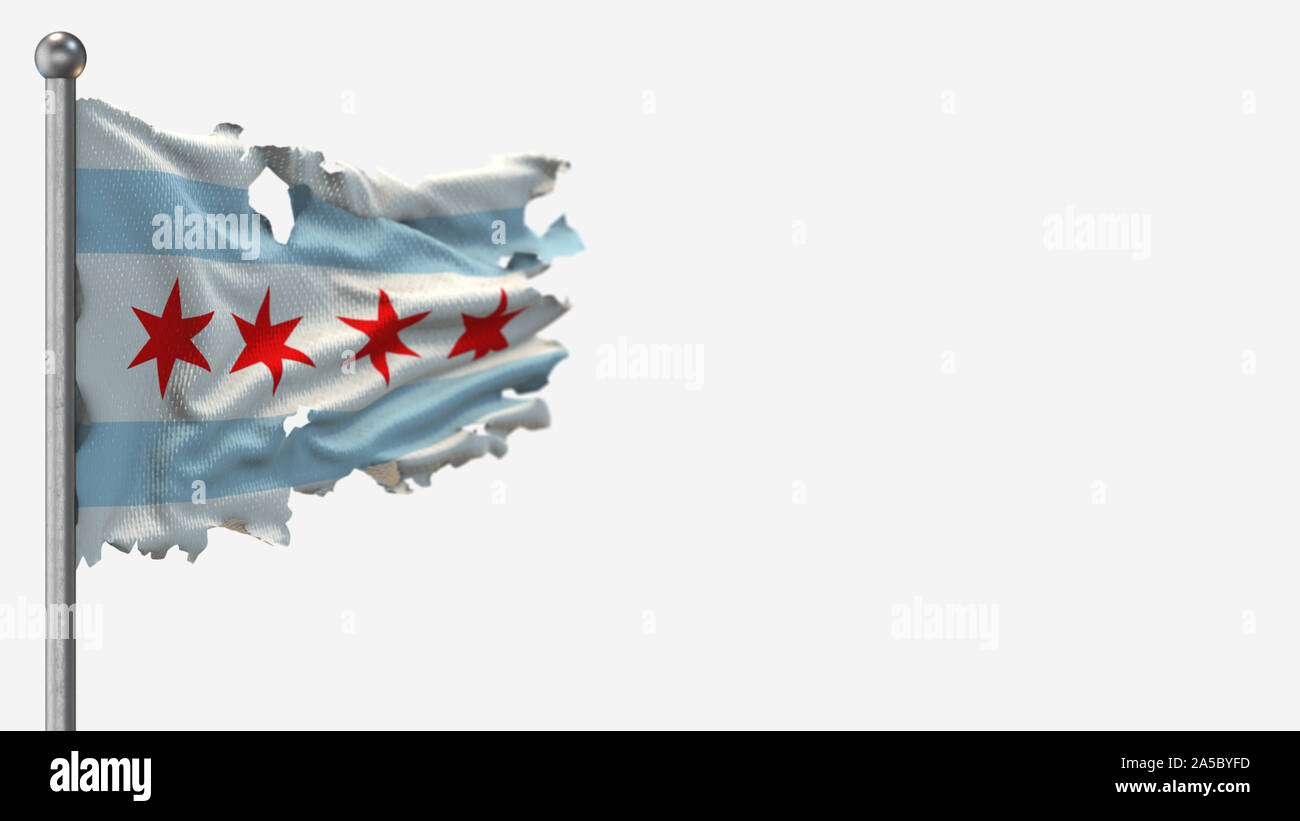 Chicago 3D tattered waving flag illustration on Flagpole. Isolated on ...