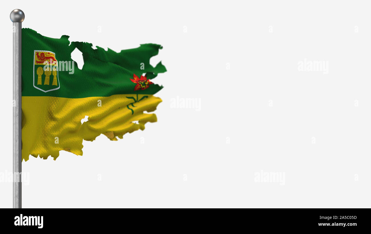 Saskatchewan 3D tattered waving flag illustration on Flagpole. Isolated ...