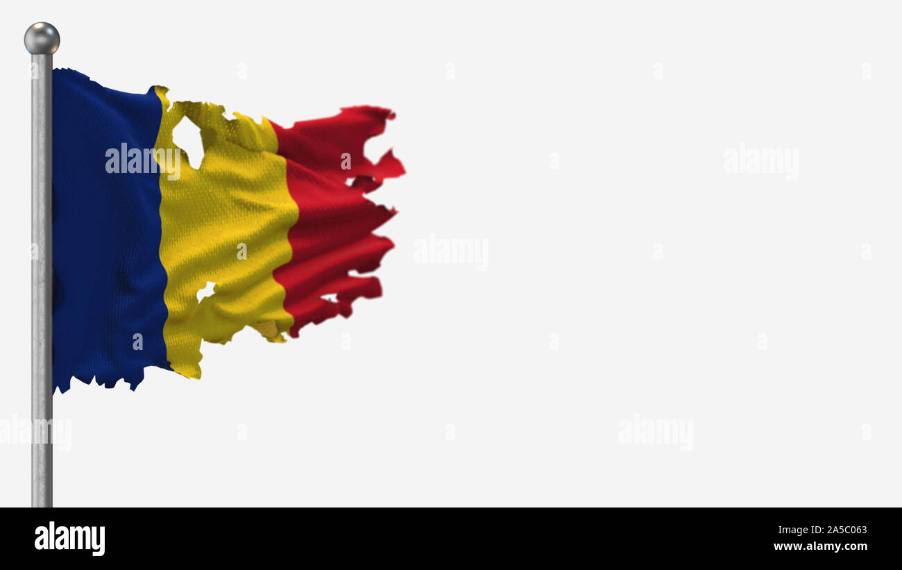 Romania 3D tattered waving flag illustration on Flagpole. Isolated on ...