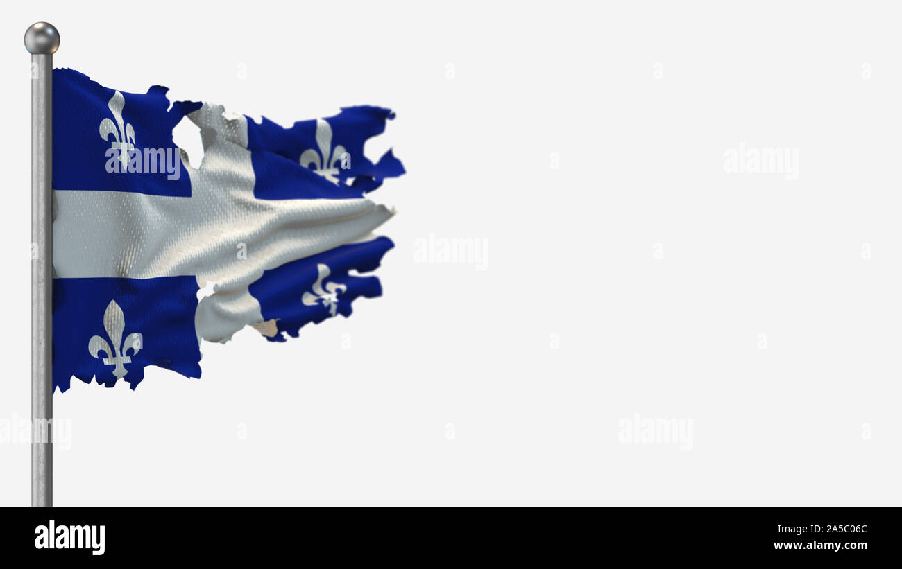 Quebec 3D tattered waving flag illustration on Flagpole. Isolated on ...