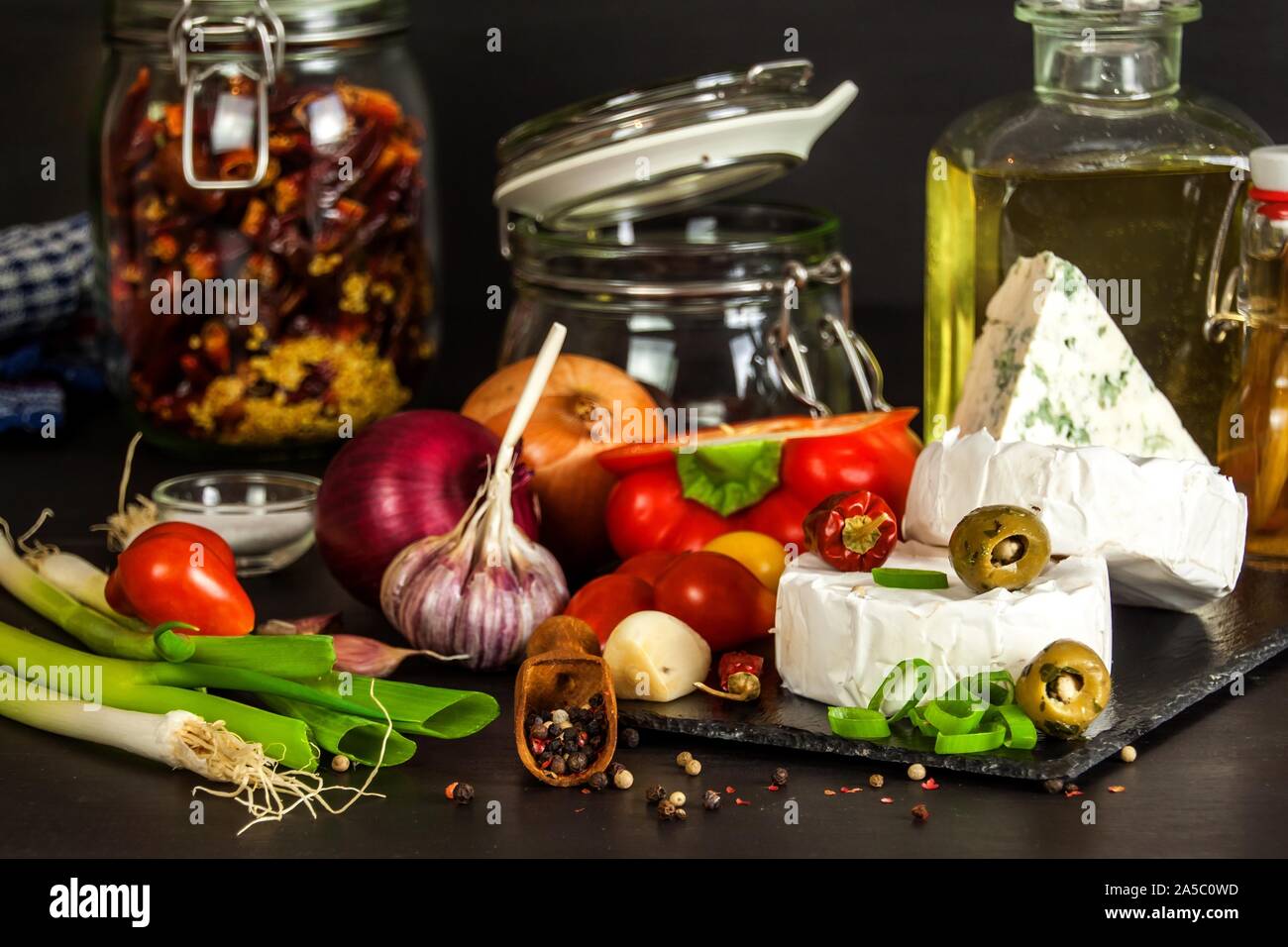 Pickled Cheese with Red onion. Homemade preparation of pickled cheese ...