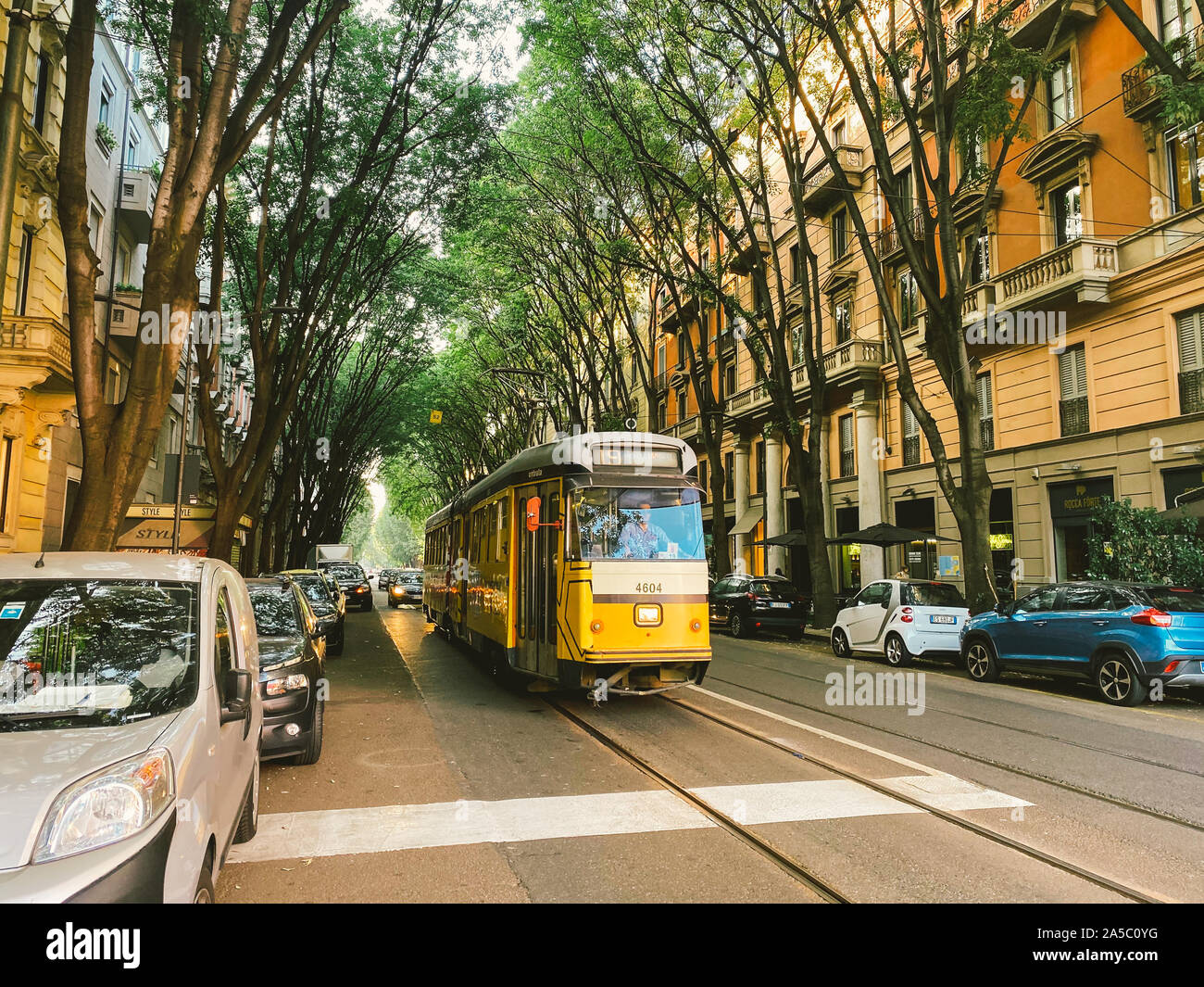 September 25, 2019 Italy. Milan. The yellow retro old tram of Milan in ...