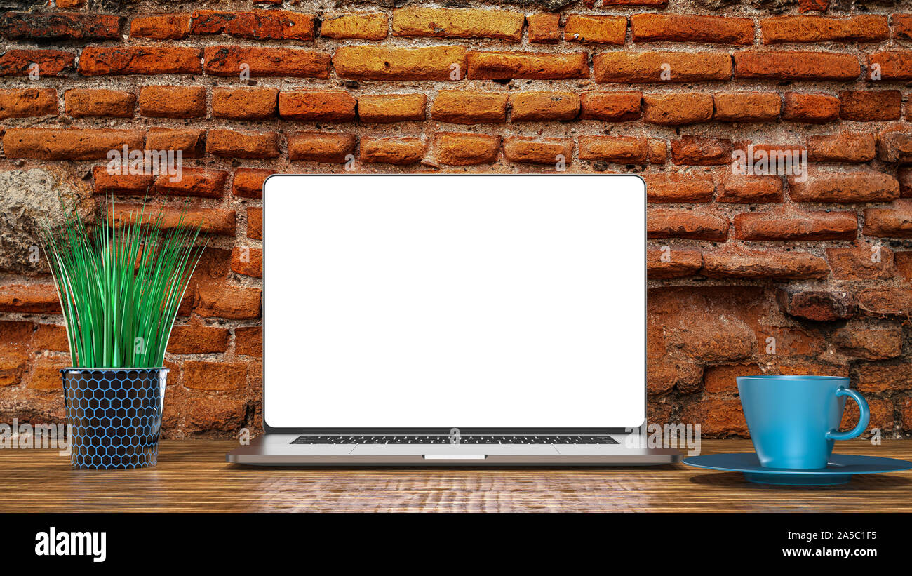 Laptop template isolated on brick background. Mockup, design Stock ...