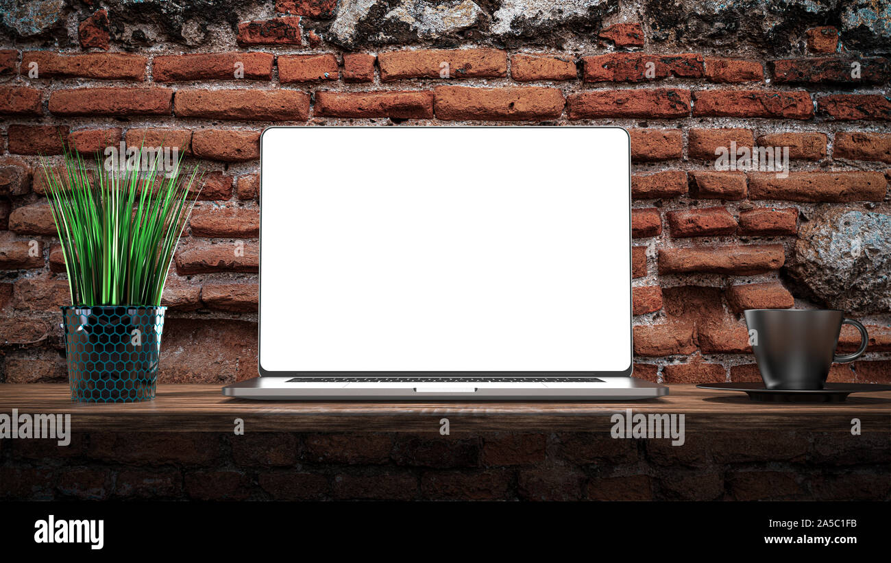 Laptop template isolated on brick background. Mockup, design Stock ...