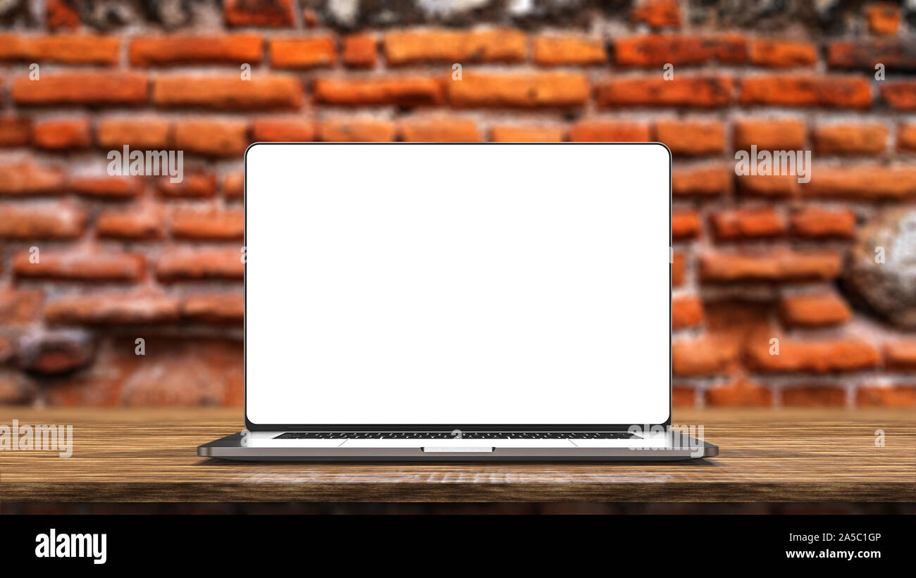 Laptop template isolated on brick background. Mockup, design Stock ...