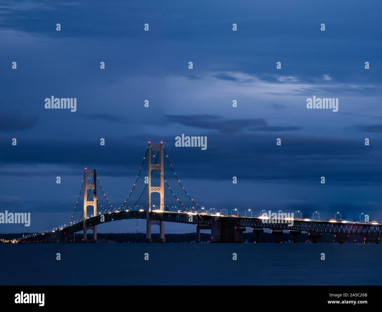 Mackinac Bridge at dusk, Straits State Park, St. Ignace, Michigan Stock ...