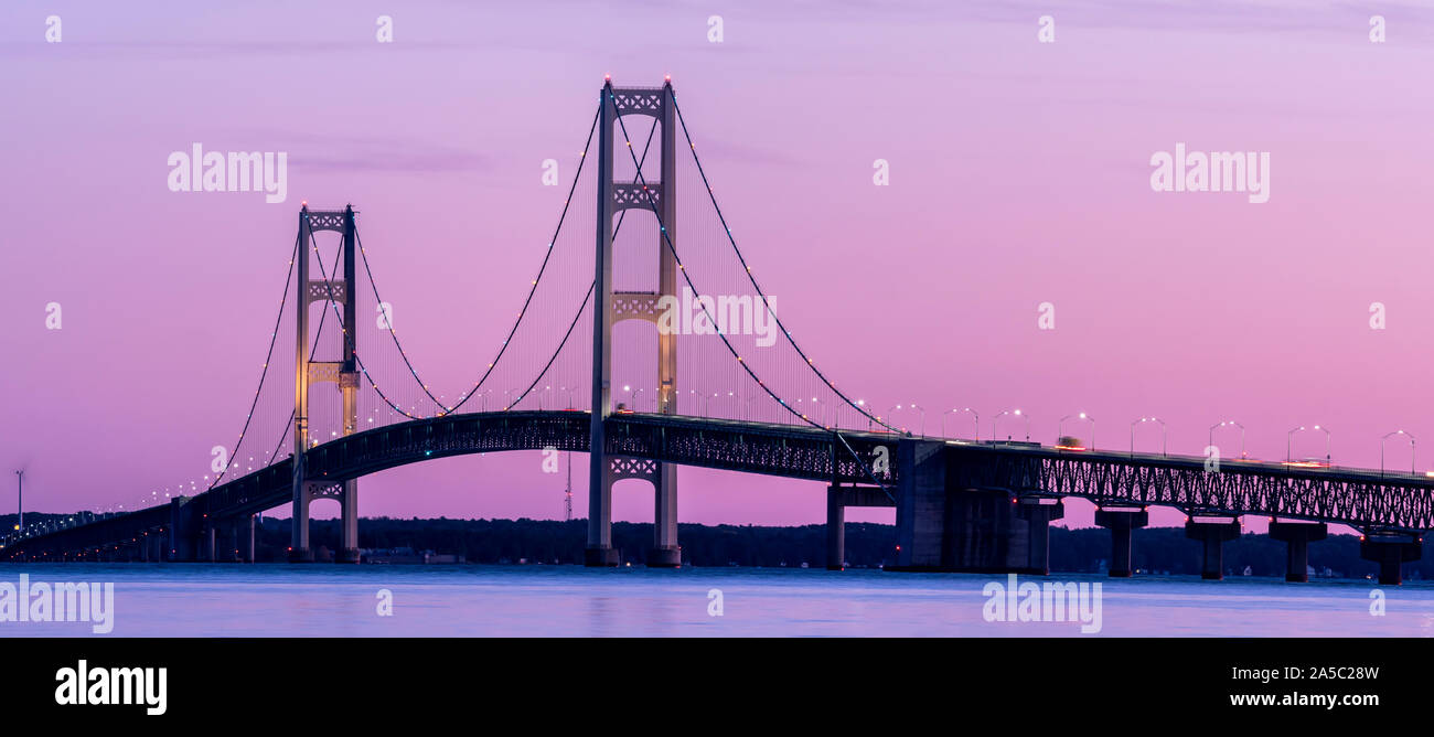 Mackinac Bridge at dusk from Strait's State Park, St. Ignace, Upper ...