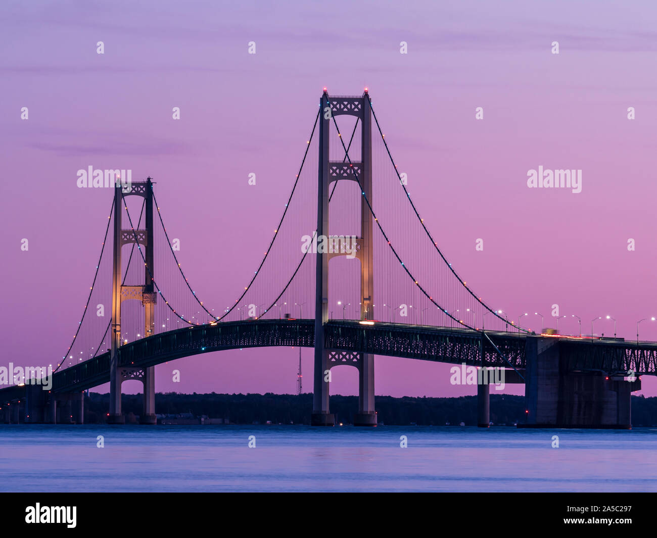 Mackinac Bridge at dusk from Strait's State Park, St. Ignace, Upper ...