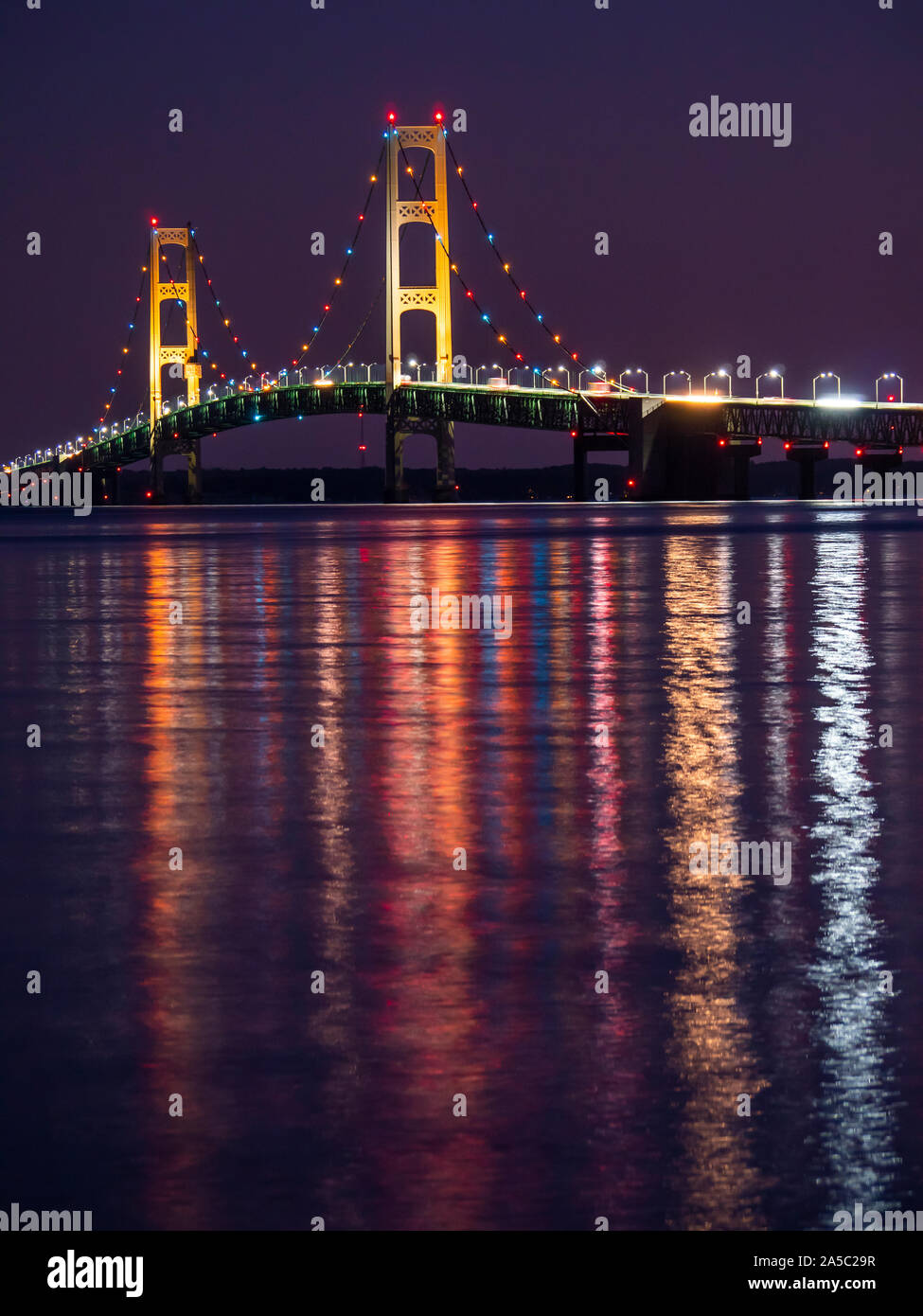 Mackinac Bridge at dusk from Straits State Park, St. Ignace, Upper ...