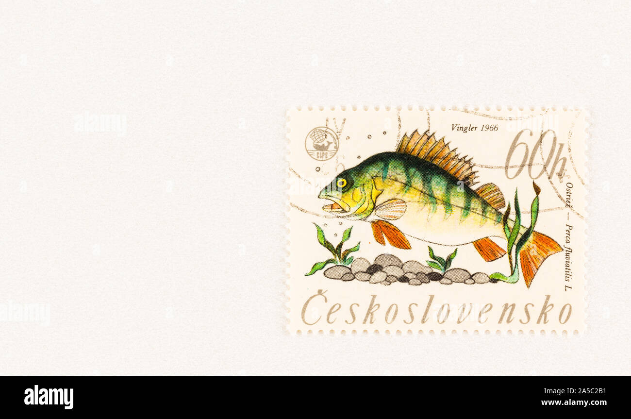 European Perch with rocks and water plants on Czechoslovakian Postage ...