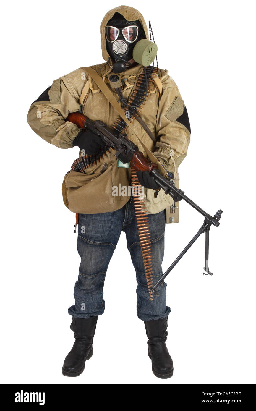 post-apocalyptic warrior in gas mask with machine gun isolated on white ...