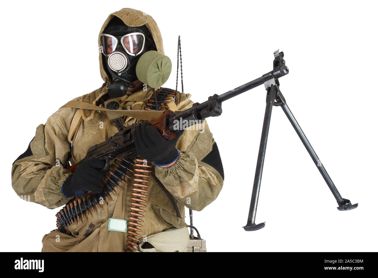 post-apocalyptic warrior in gas mask with machine gun isolated on white ...