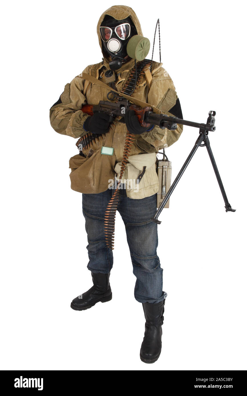 post-apocalyptic warrior in gas mask with machine gun isolated on white ...