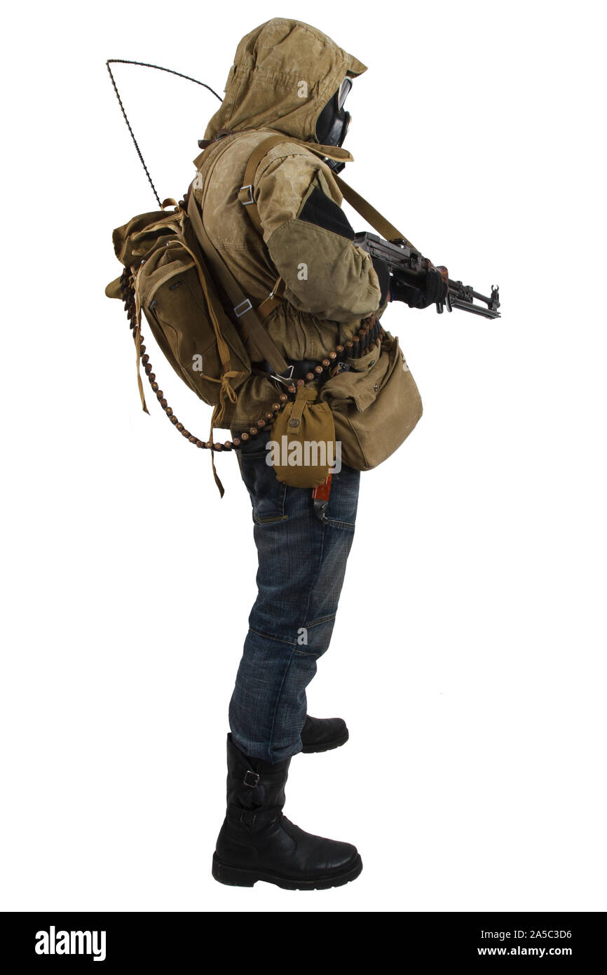 post-apocalyptic warrior in gas mask with machine gun isolated on white ...