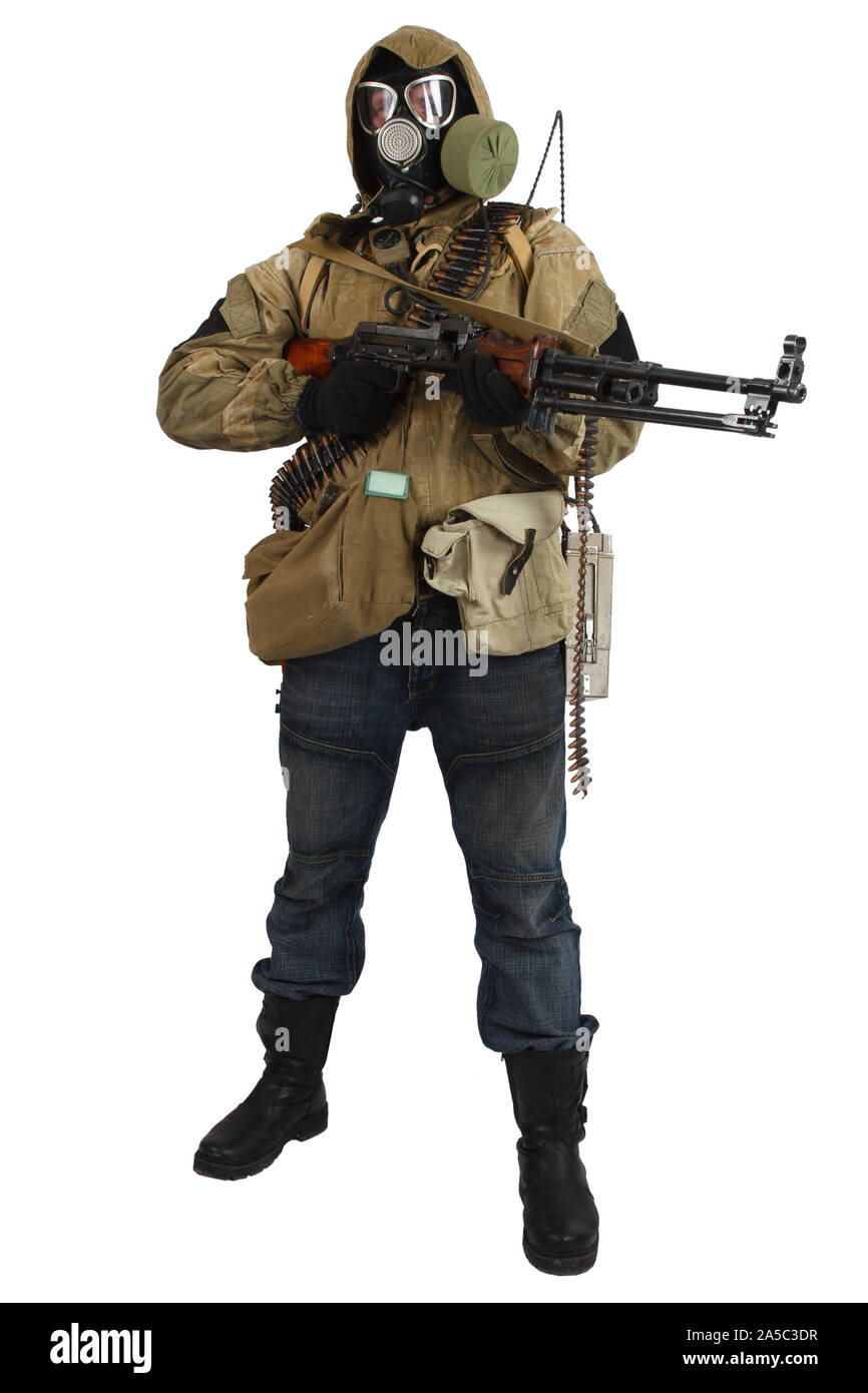 post-apocalyptic warrior in gas mask with machine gun isolated on white ...