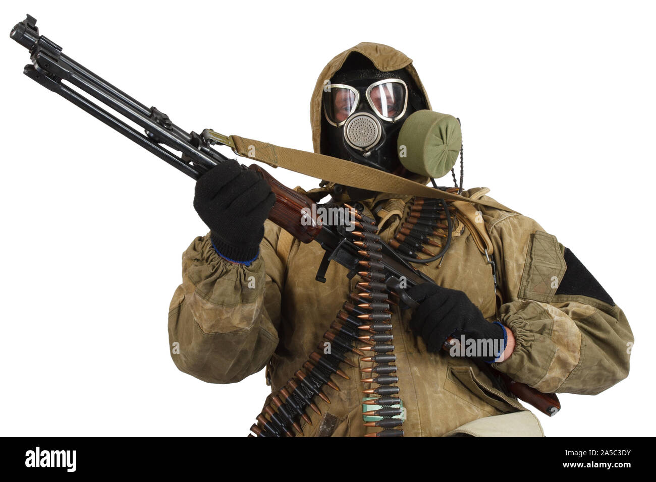 post-apocalyptic warrior in gas mask with machine gun isolated on white ...
