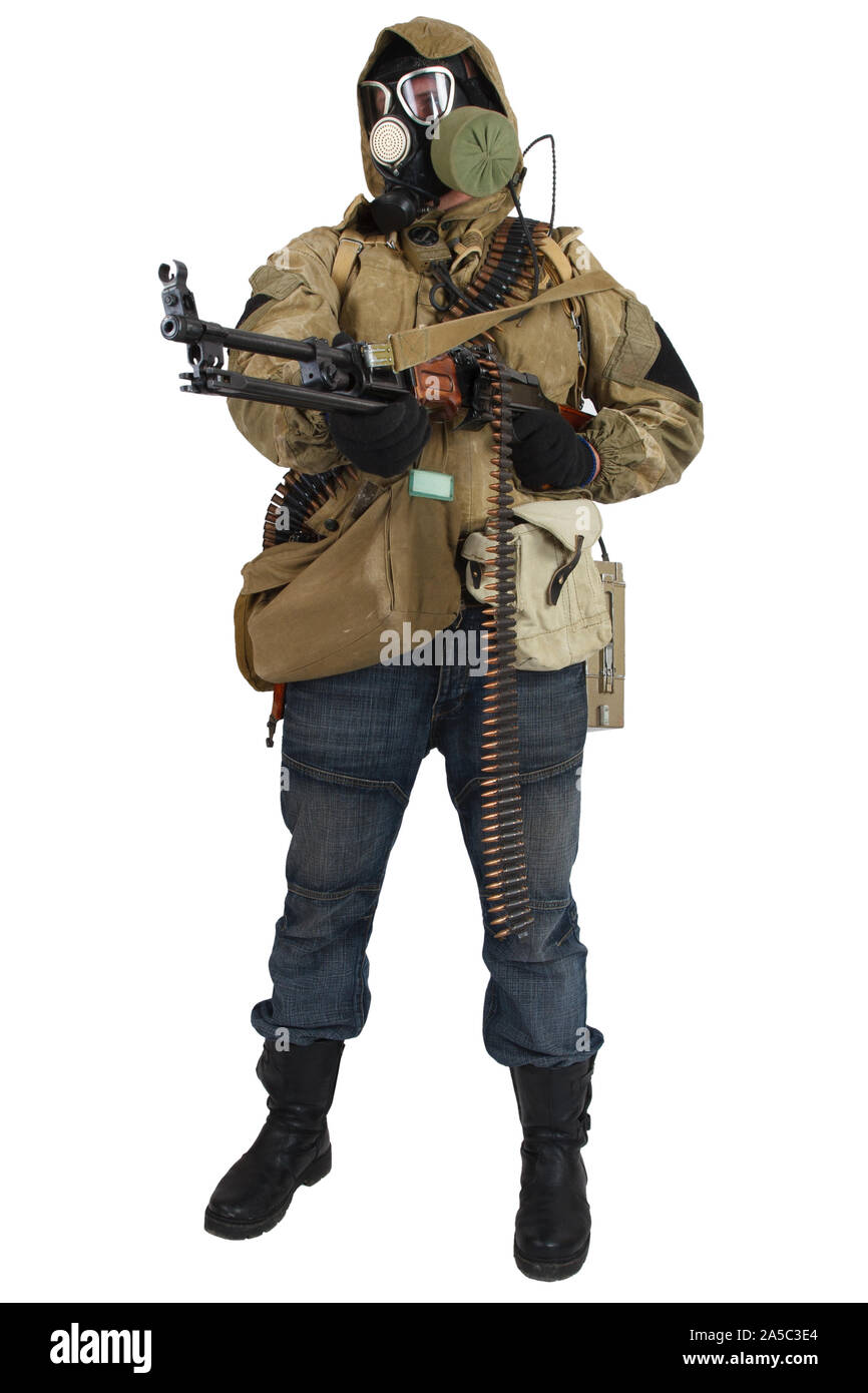post-apocalyptic warrior in gas mask with machine gun isolated on white ...