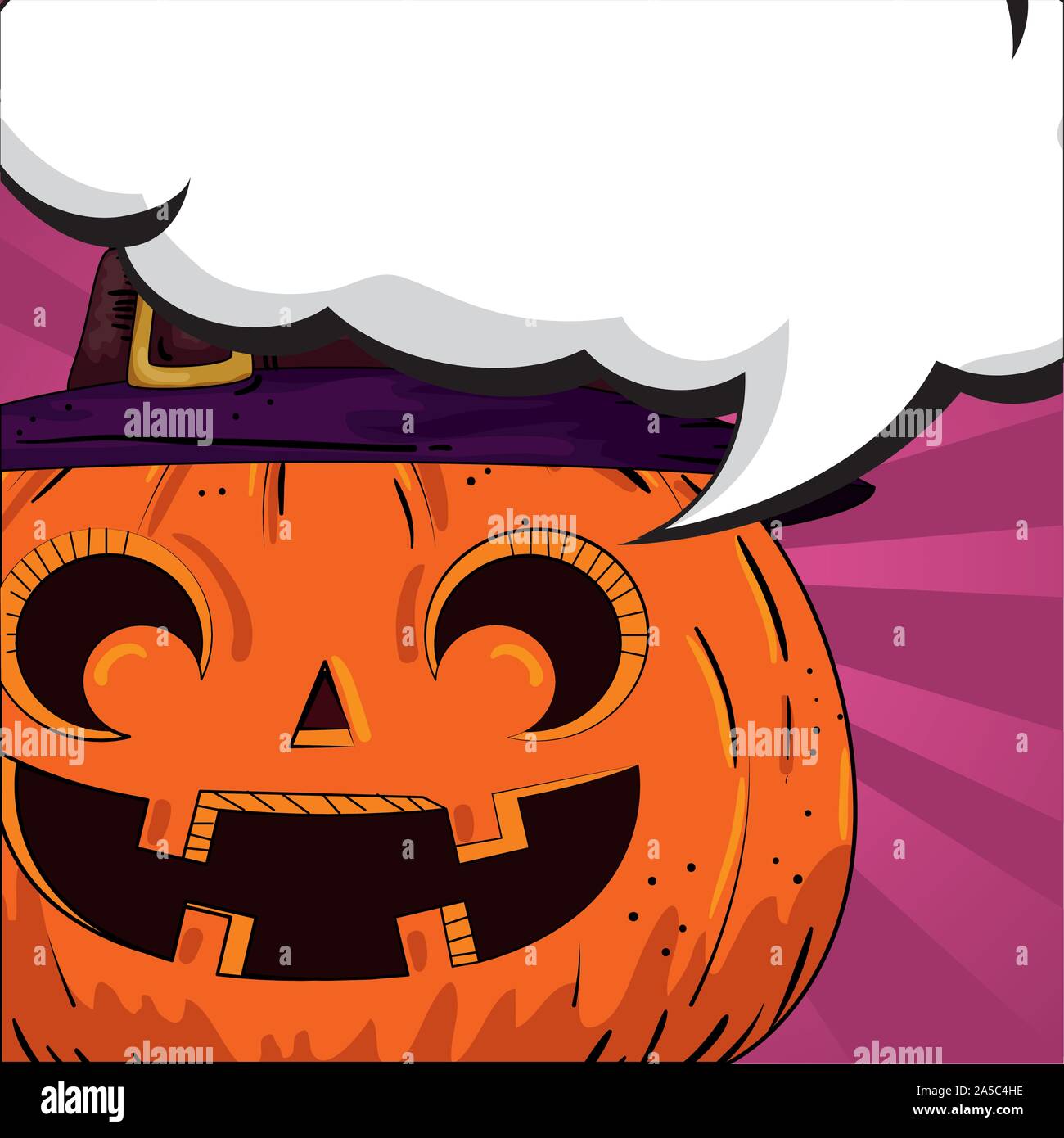 halloween pumpkin with hat witch and speech bubble pop art style Stock ...