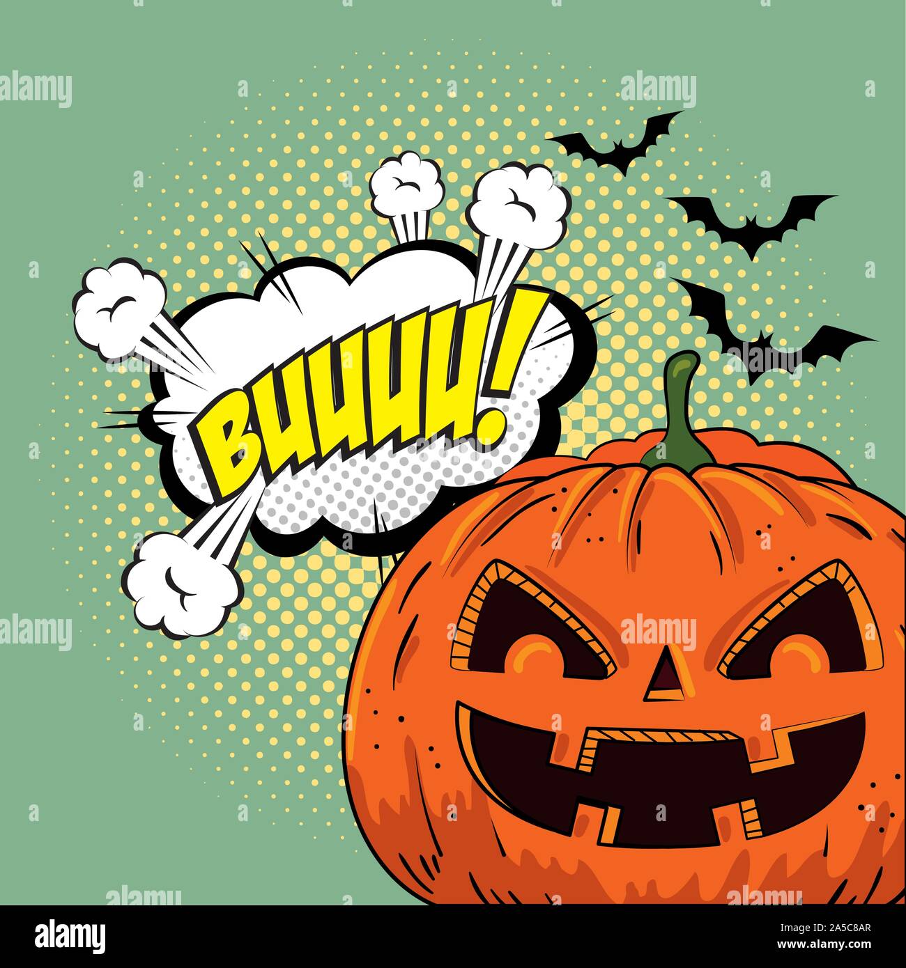 halloween pumpkin with bats flying and cloud pop art style Stock Vector ...