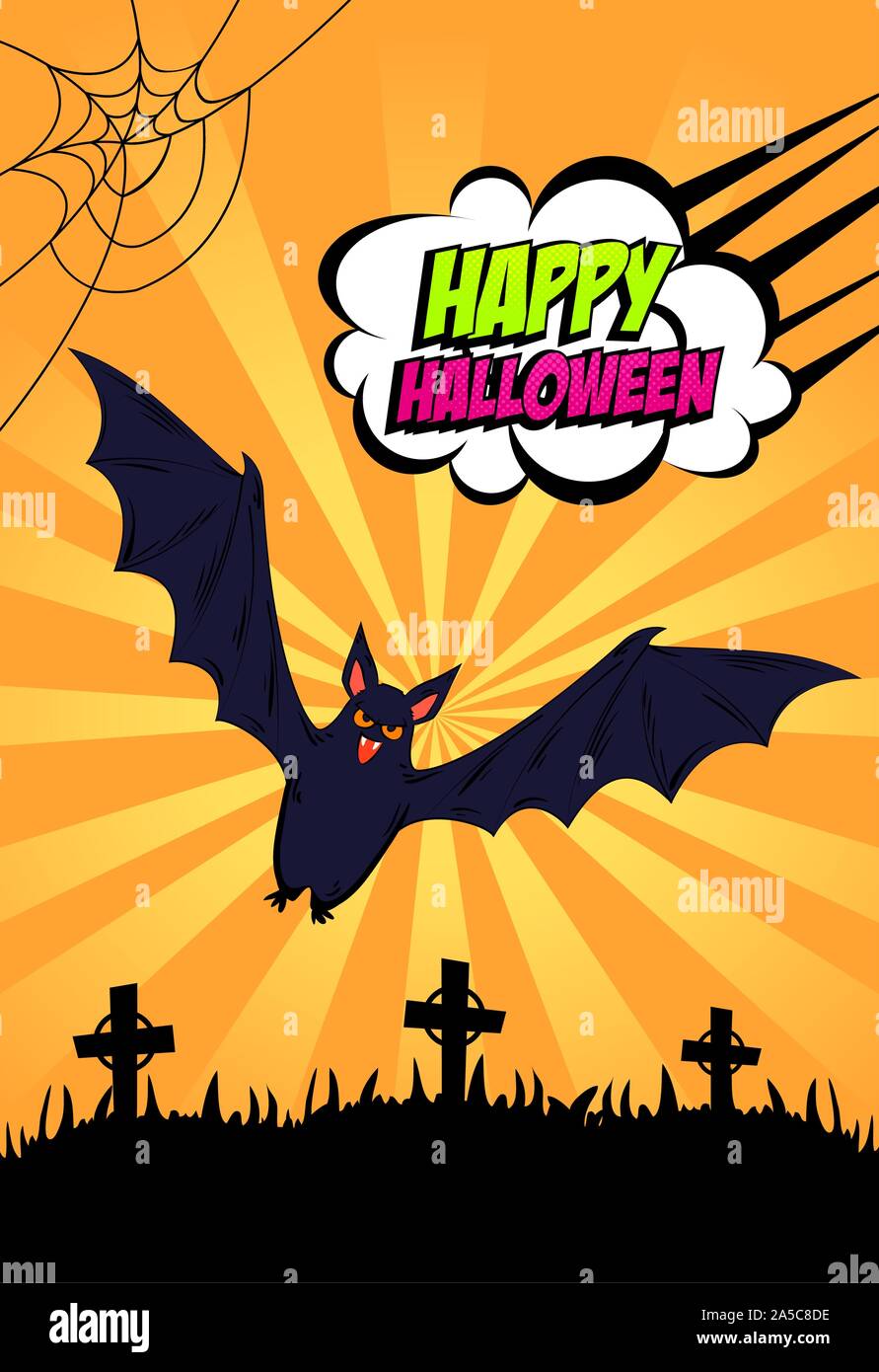 halloween poster with bat flying in cemetery style pop art Stock Vector ...