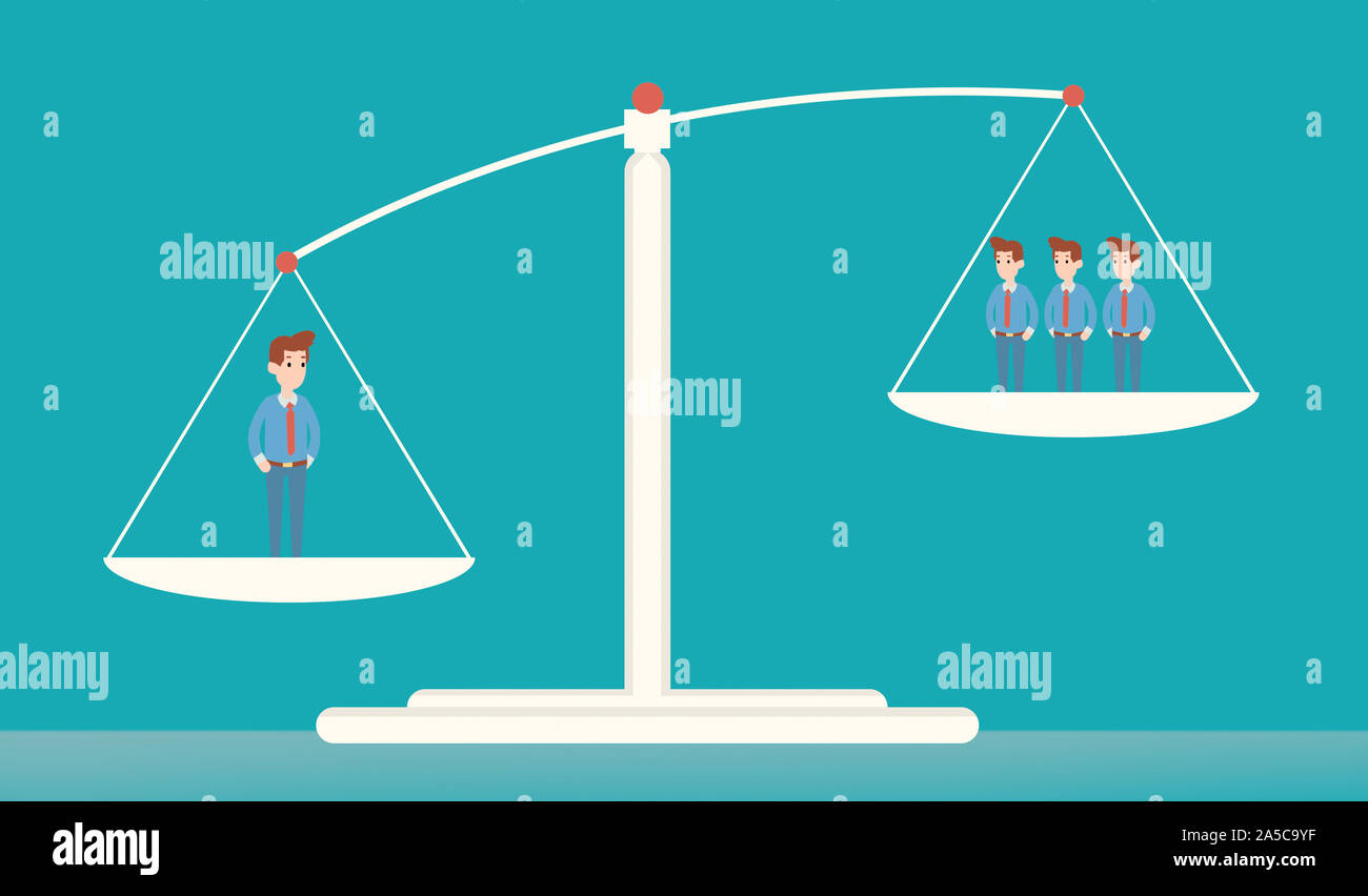 One man versus group of people on scales Stock Photo - Alamy