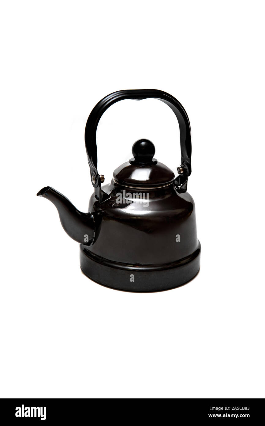 Metal black teapot isolate on a white background. Old fashioned kettle ...
