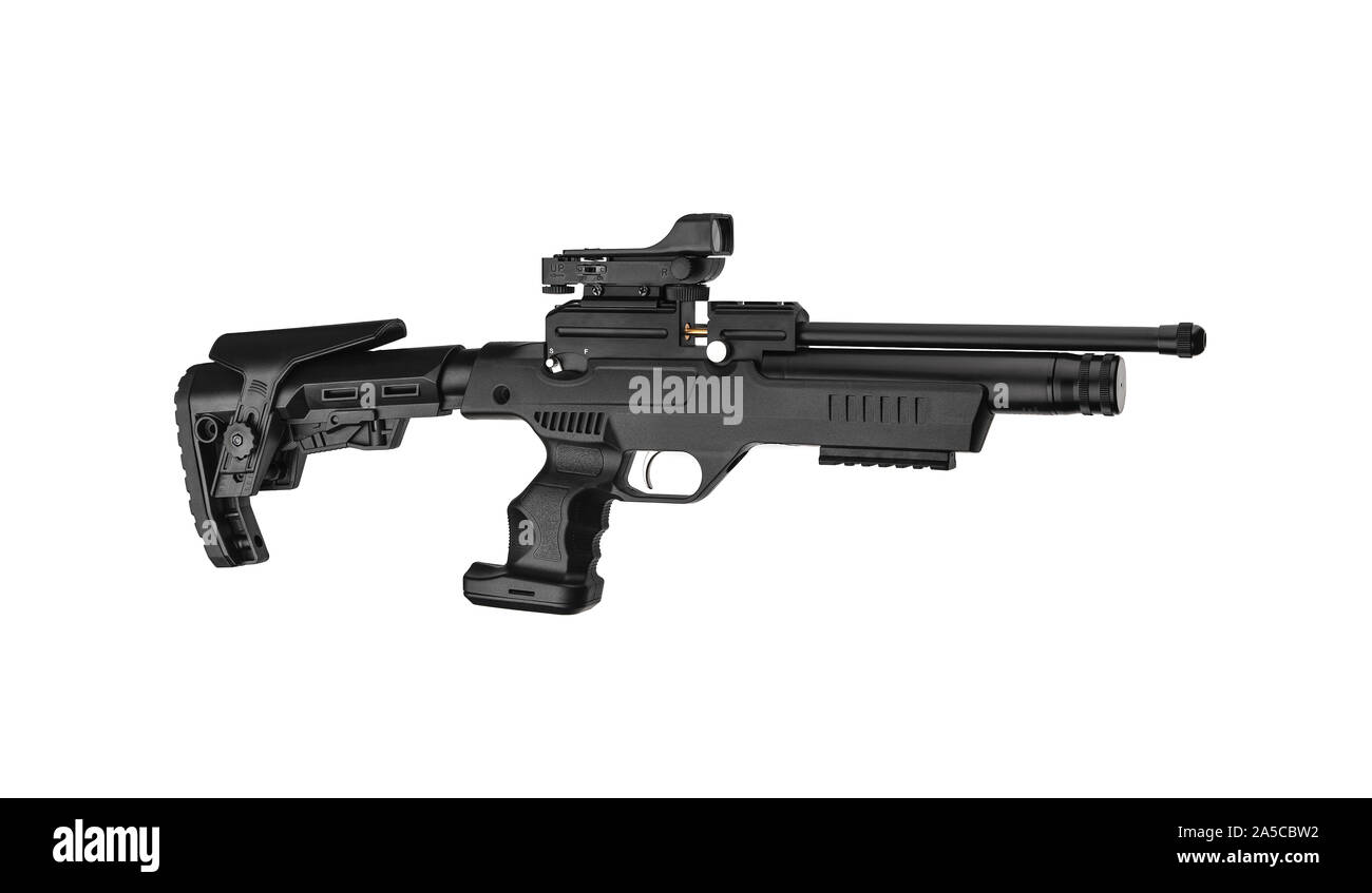 Modern air rifle with folding butt and collimator sight isolate on a ...
