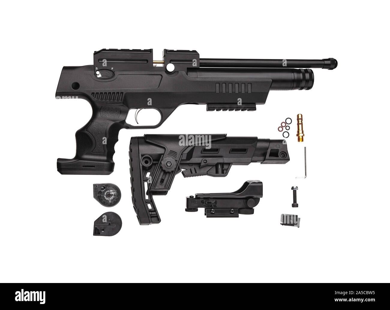 Modern air rifle with folding butt and collimator sight isolate on a ...