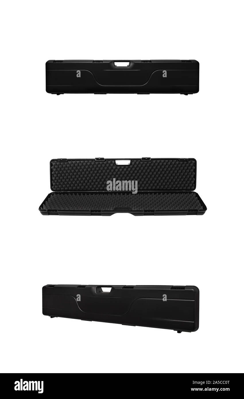 Open black plastic case with foam inside. Weapon case isolate on white ...