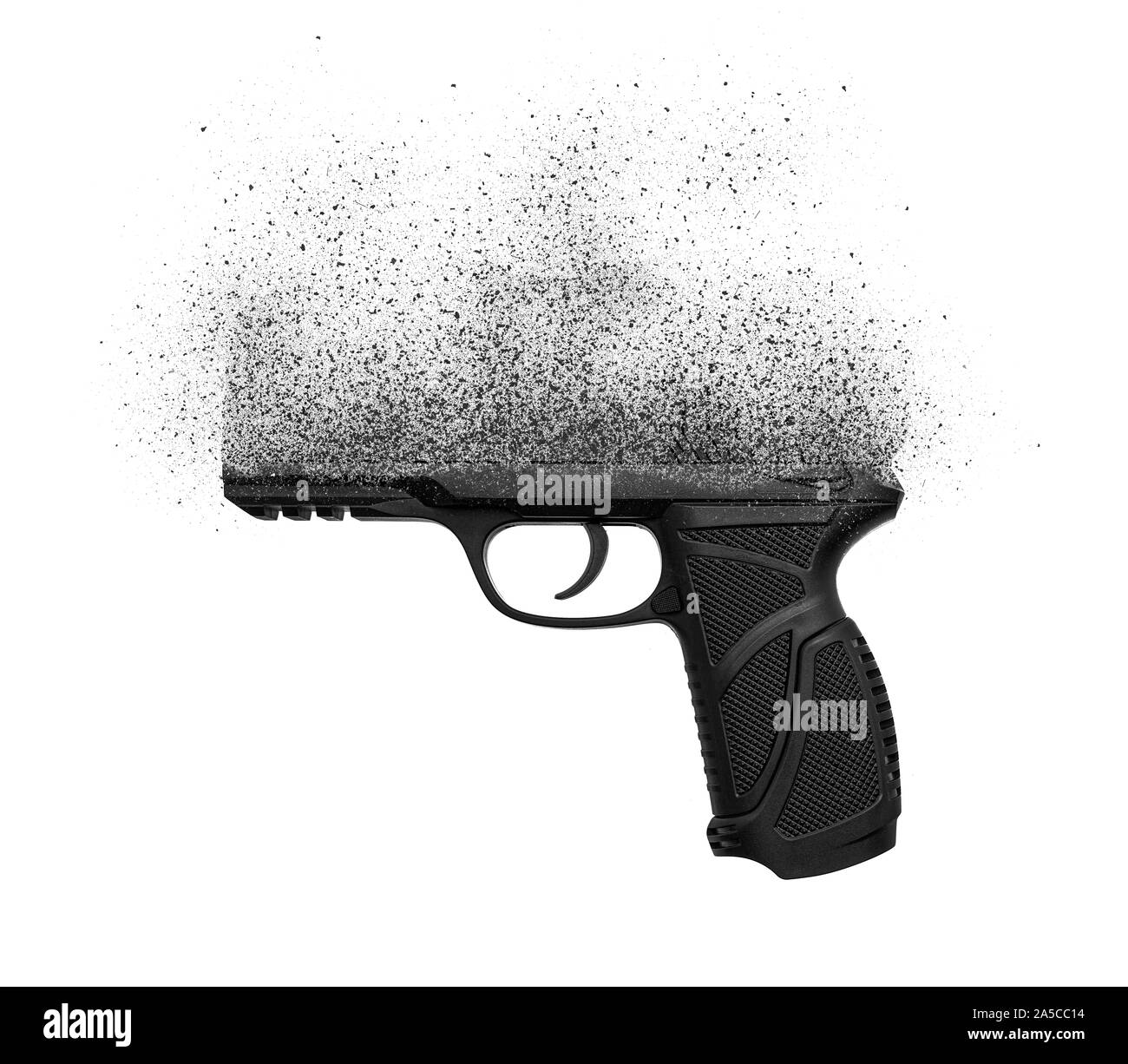 A gun crumbling into particles in space isolate on a white background ...