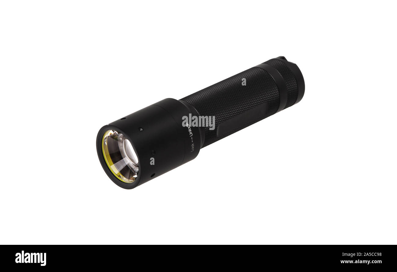 modern black metal flashlight isolated on white background Stock Photo ...