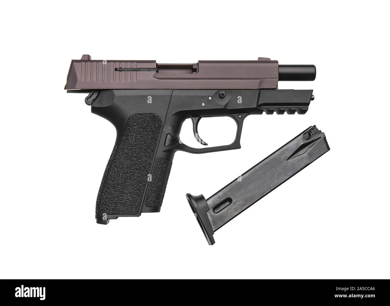 Modern black-brown gun isolate on a white background. Weapons for ...