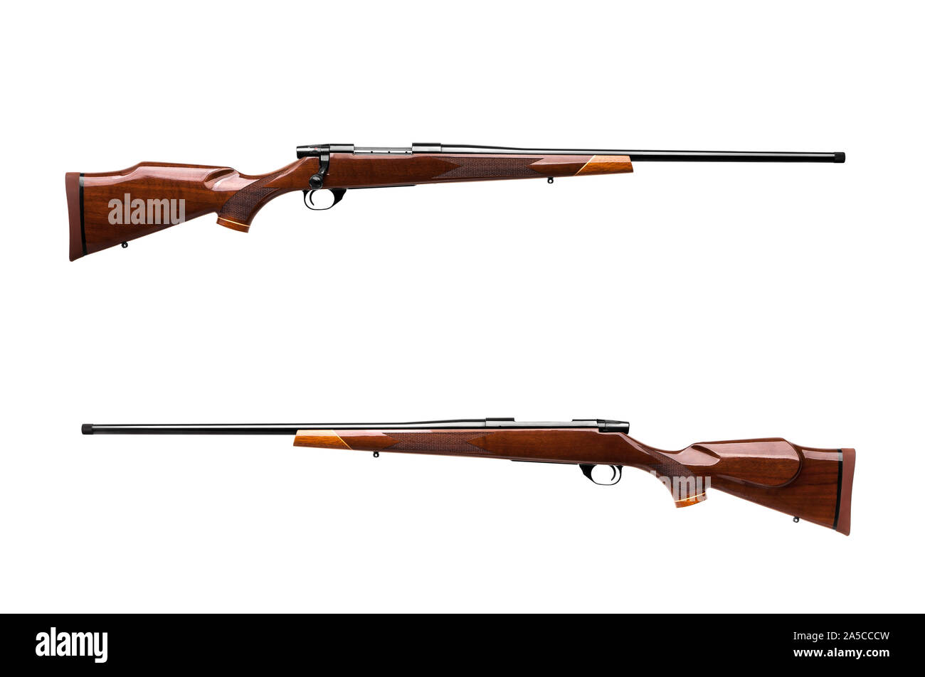 Modern luxury bolt-action carbine with a wooden varnished butt ...