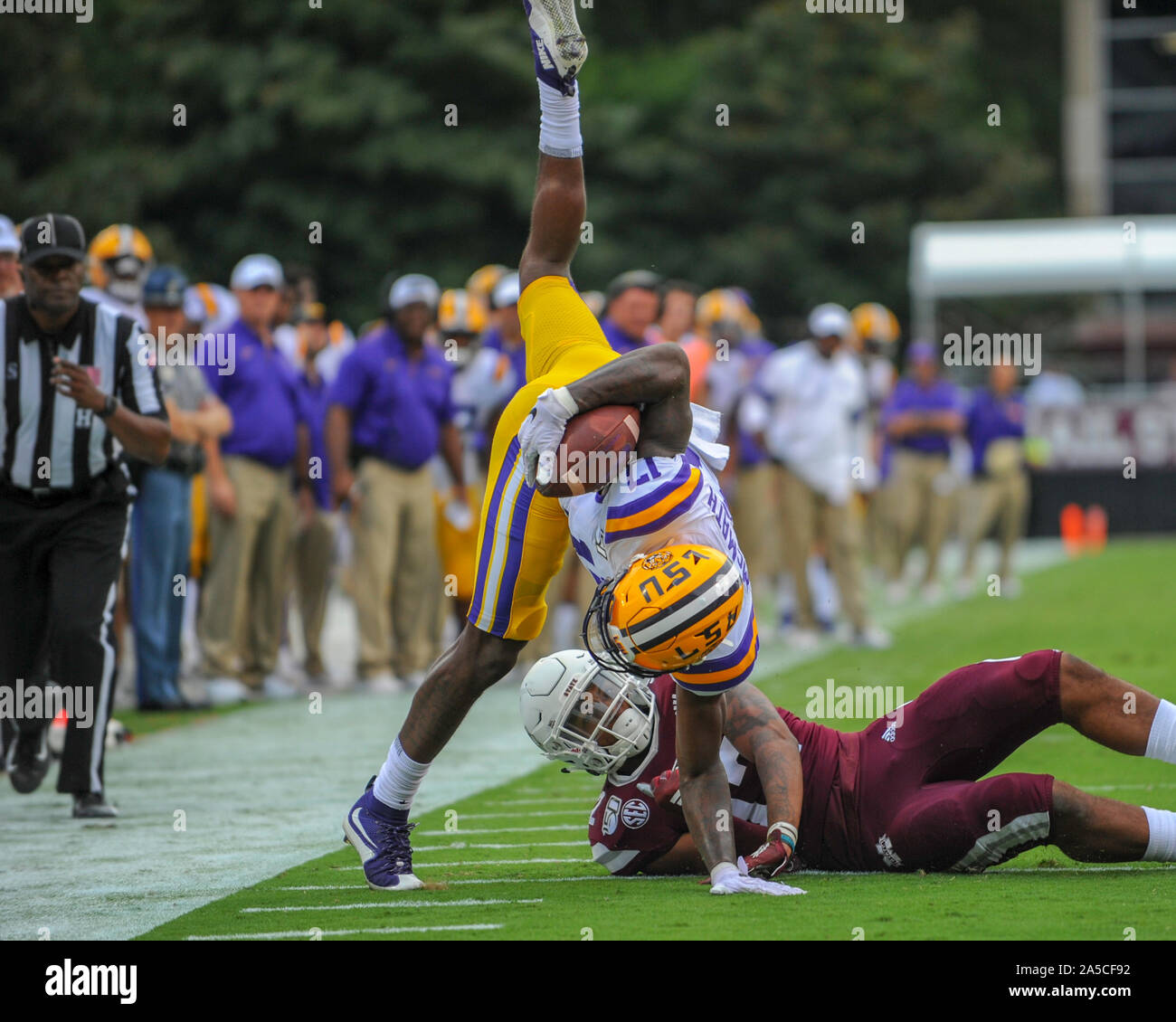 Starkville, MS, USA. 19th Oct, 2019. LSU wide receiver, Racey McMath ...