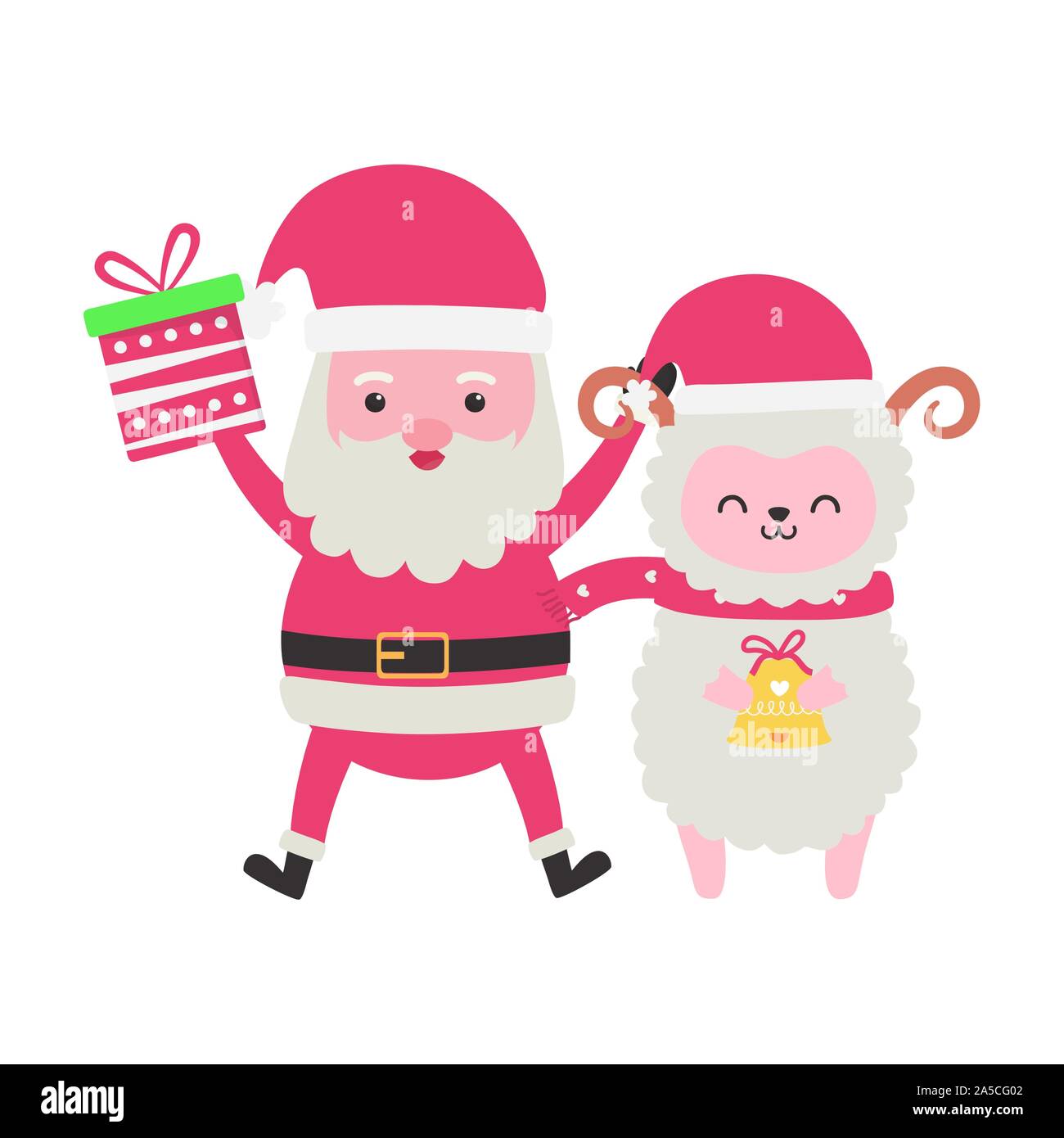cute santa with gift and sheep hoding bell merry christmas vector ...