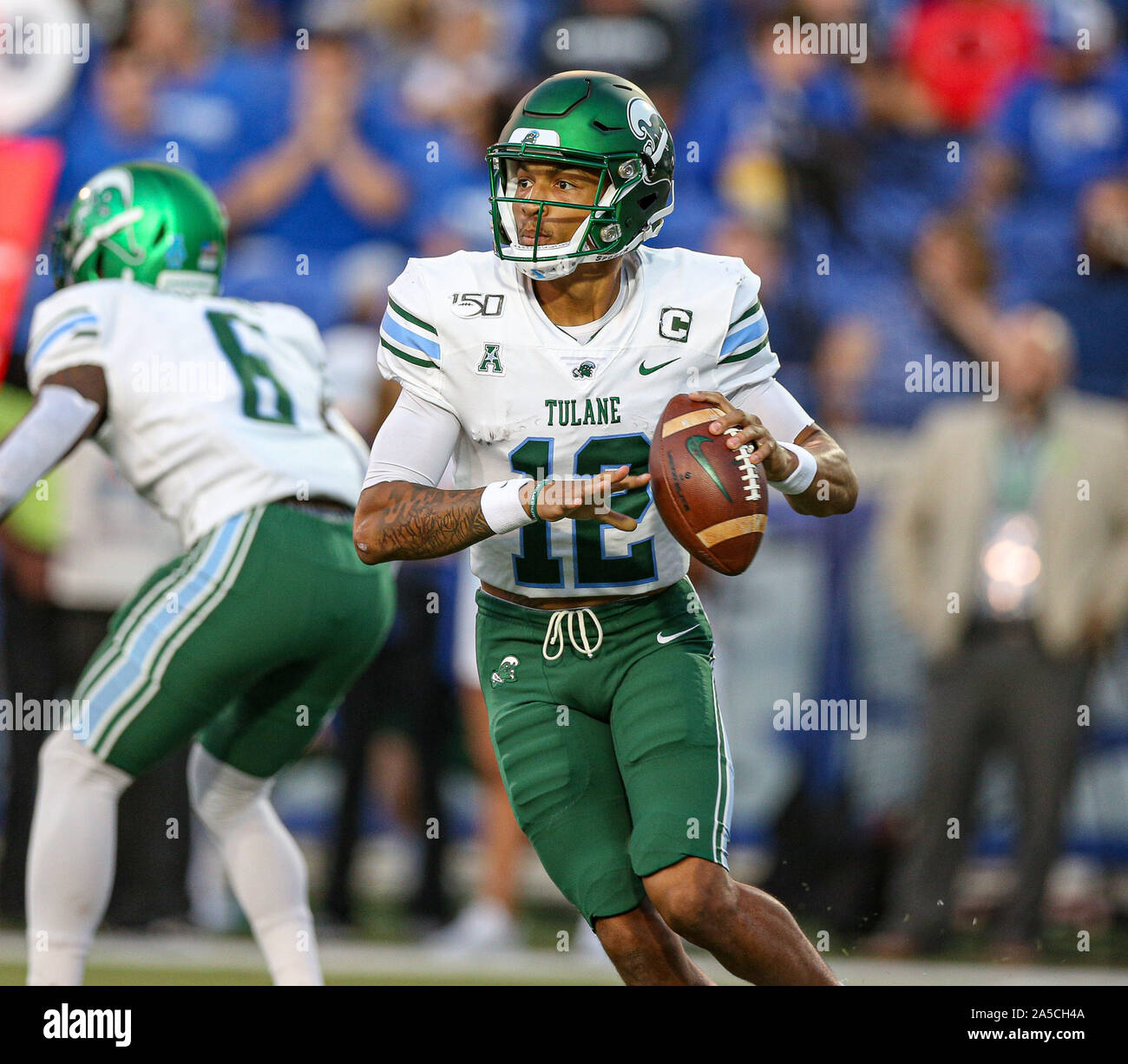 Memphis, TN, USA. 19th Oct, 2019. Tulane QB Justin McMillan #12 rolls ...