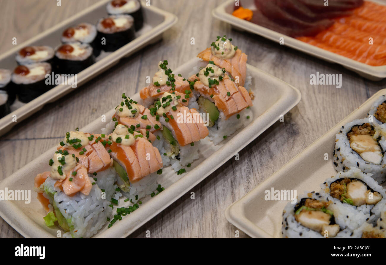 Variety of sushi roll tray served in organic trays, Japanese food Stock ...