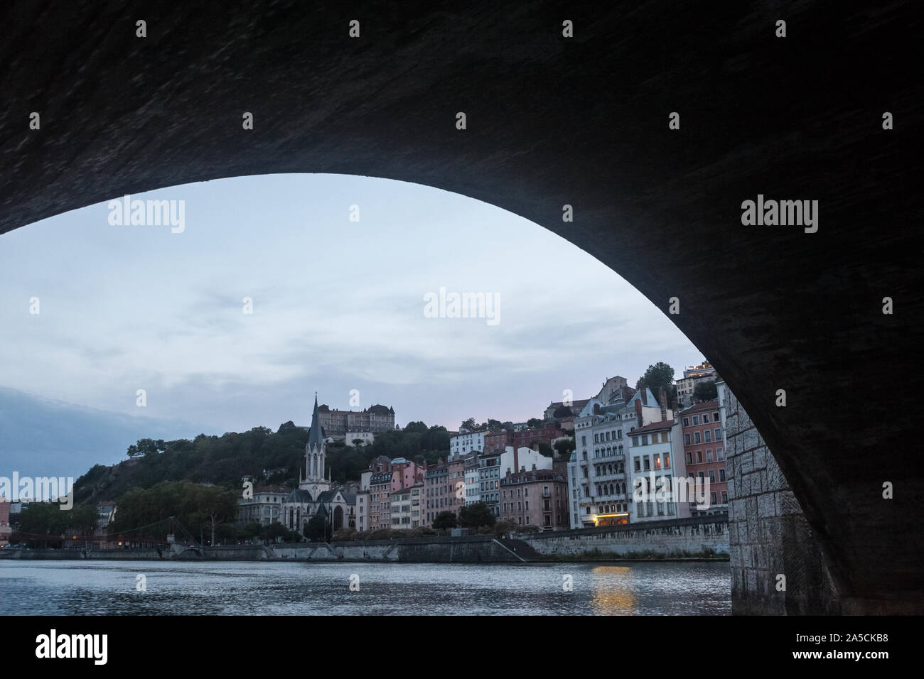 Panorama of Saone river and the Quais de Saone riverbank and riverside ...